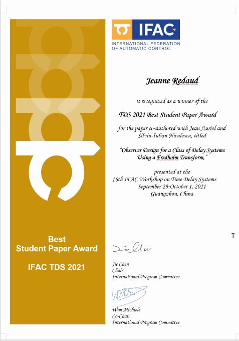 PhD student Jeanne Redaud wins the IFAC Student Best Paper Award | CentraleSupélec